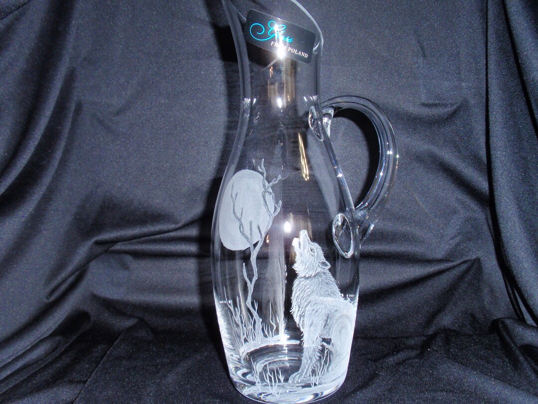 Wolf Pitcher, Etched Glass, Wolf Art, Full Moon Pitcher, Howling at the ...