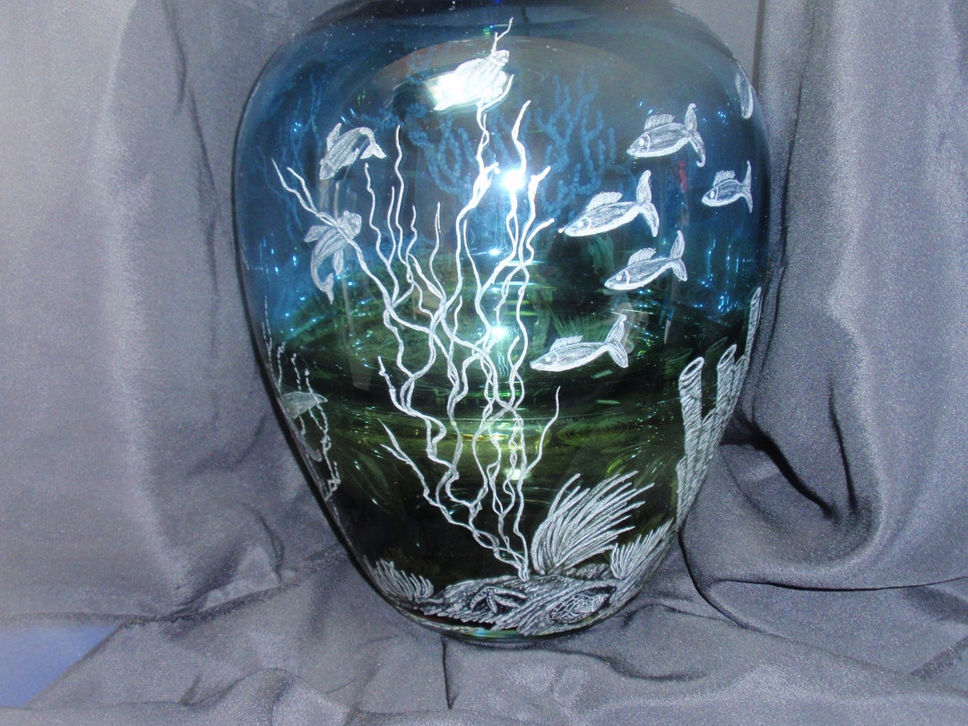 Ocean Art Vase, Sharks, Stingrays, Hand Carved One of a Kind, Sea Life ...
