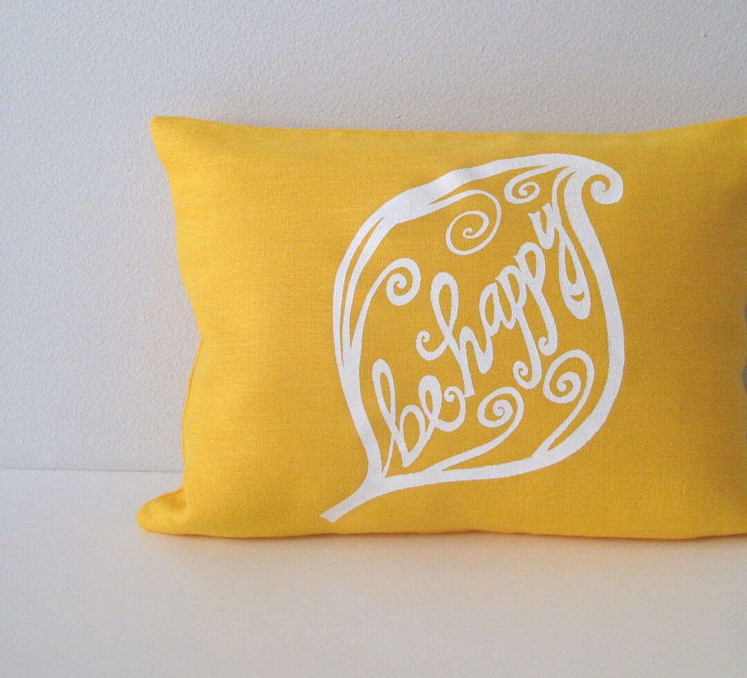 Pillow Cover Be Happy 12 X 16 Inches Choose Your Fabric and Ink Color ...