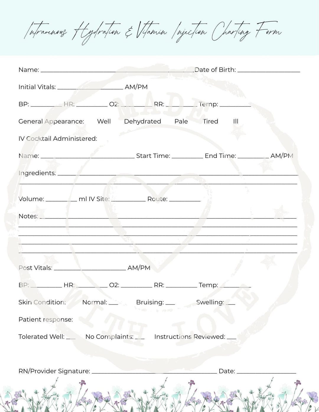 IV Hydration Charting Form - Etsy