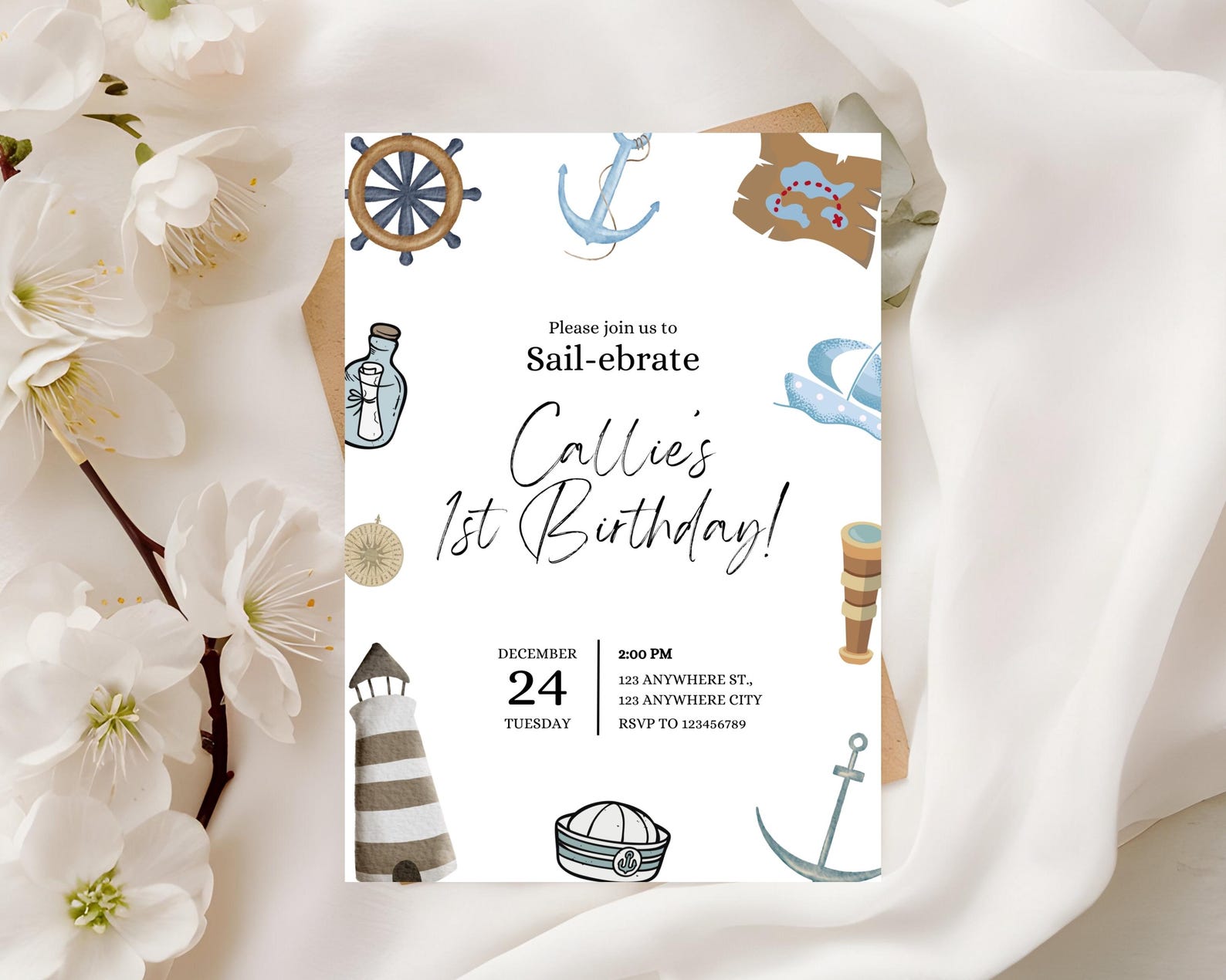 Nautical Birthday Invitation Template First Birthday Invitation ...
