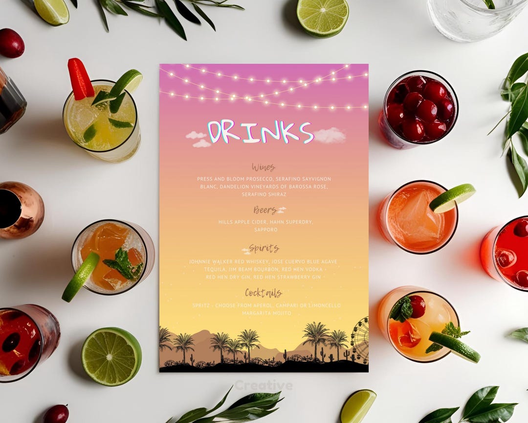 Music Festival Drink Menu Template for Festival Theme Birthday Party ...