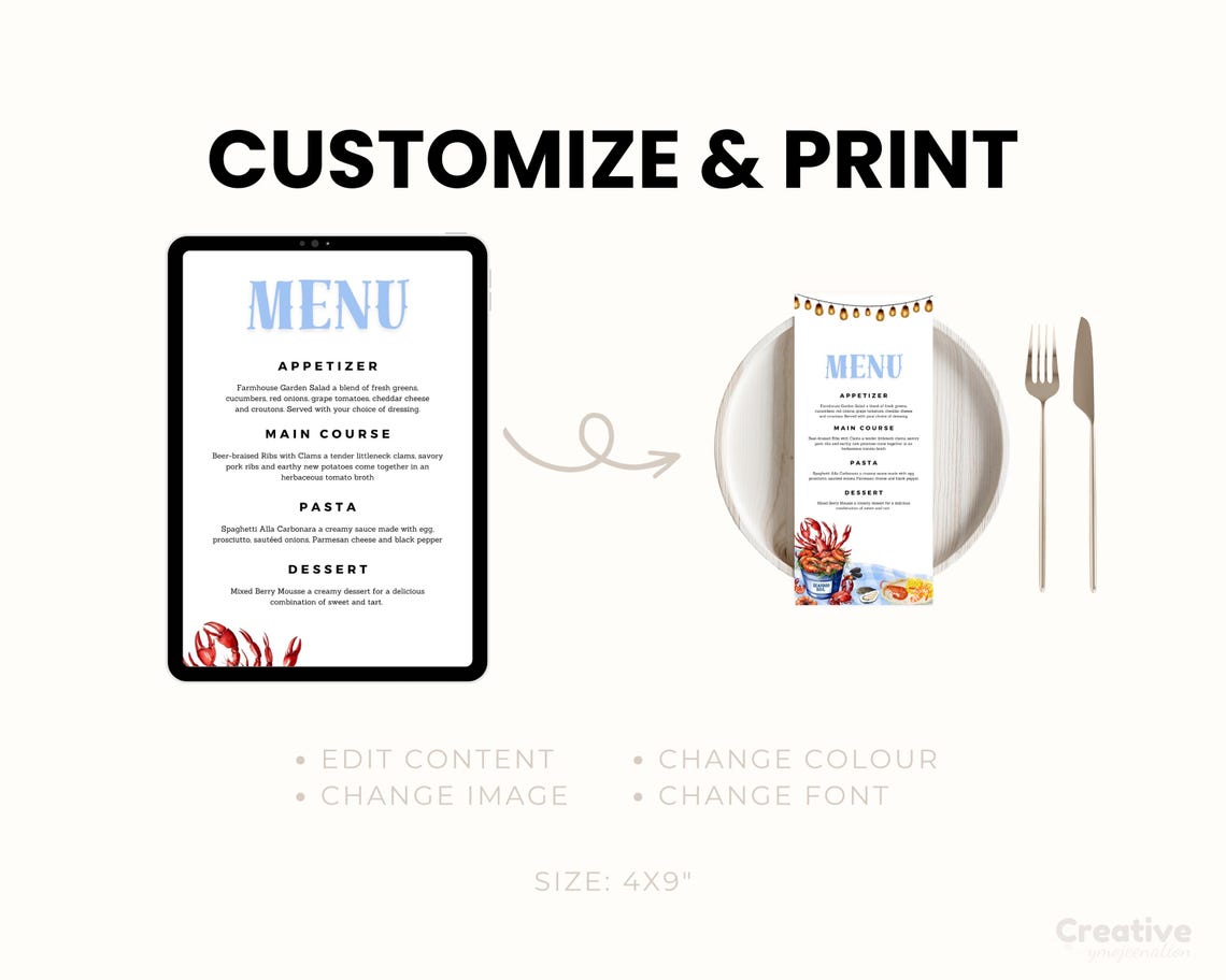 Seafood Boil Menu Card Template for Seafood Theme Custom Menu Card for ...