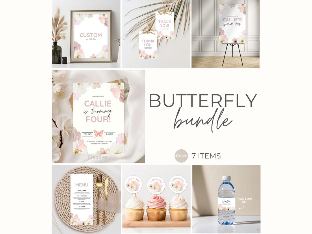 Butterfly Birthday Party Template Bundle for Floral Theme Party Party ...