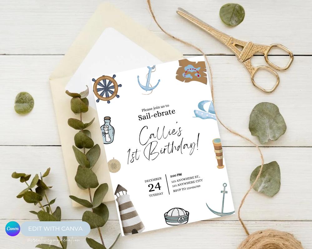 Nautical Birthday Invitation Template First Birthday Invitation ...