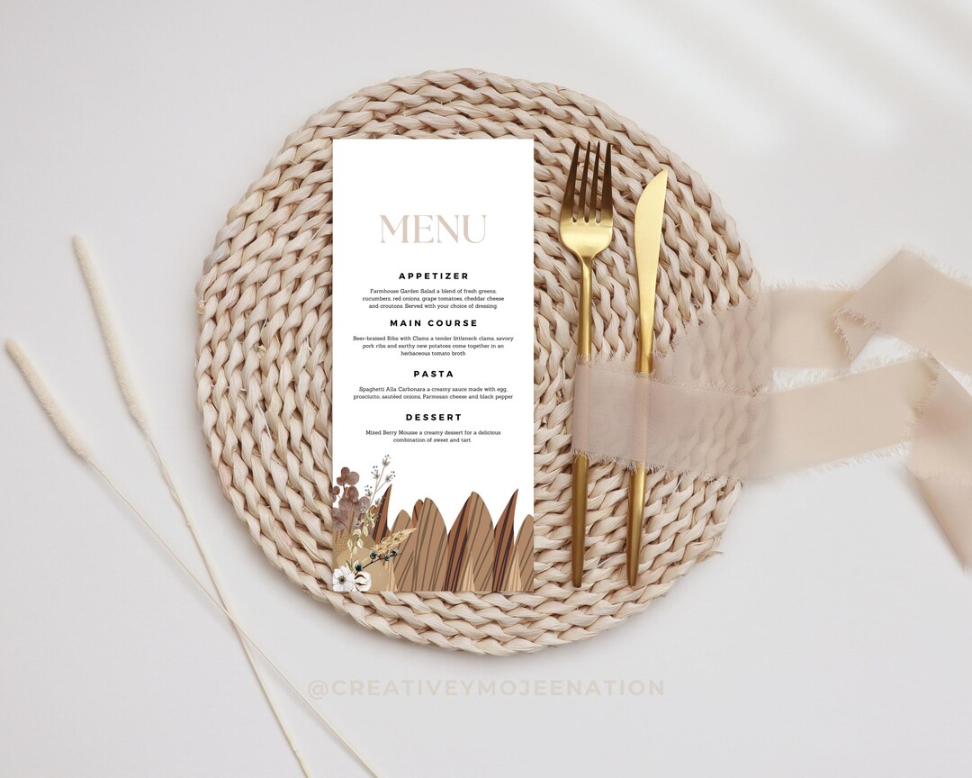 Boho Party Menu Card Template for Rustic Theme Custom Menu Card for ...