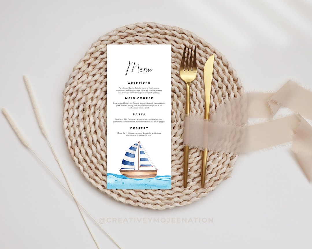 Nautical Party Menu Card Template for Sailboat Theme Custom Menu Card ...