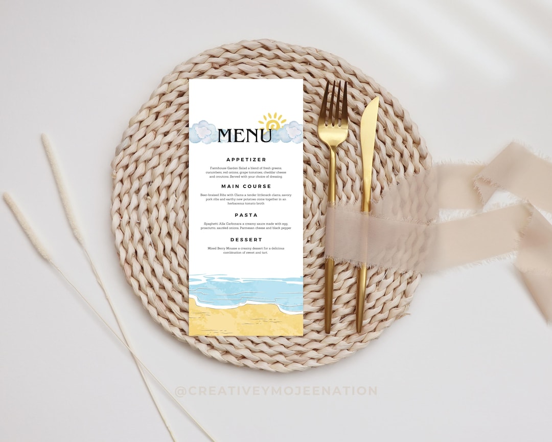 Beach Party Menu Card Template for Summer Theme Custom Menu Card for ...
