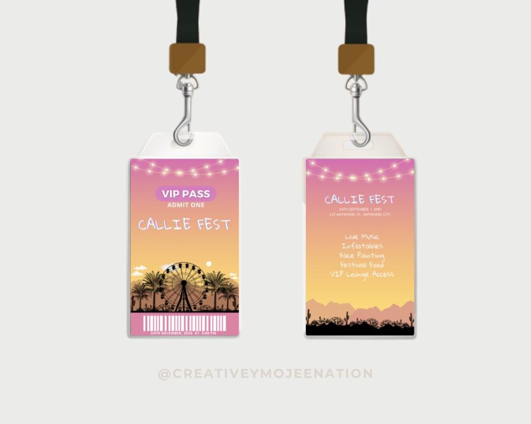 Music Festival VIP Pass ID Template Music Festival Themed Birthday VIP ...