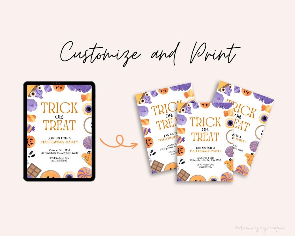 Editable Trick or Treat Party Halloween Invitation Template | Kids ...
