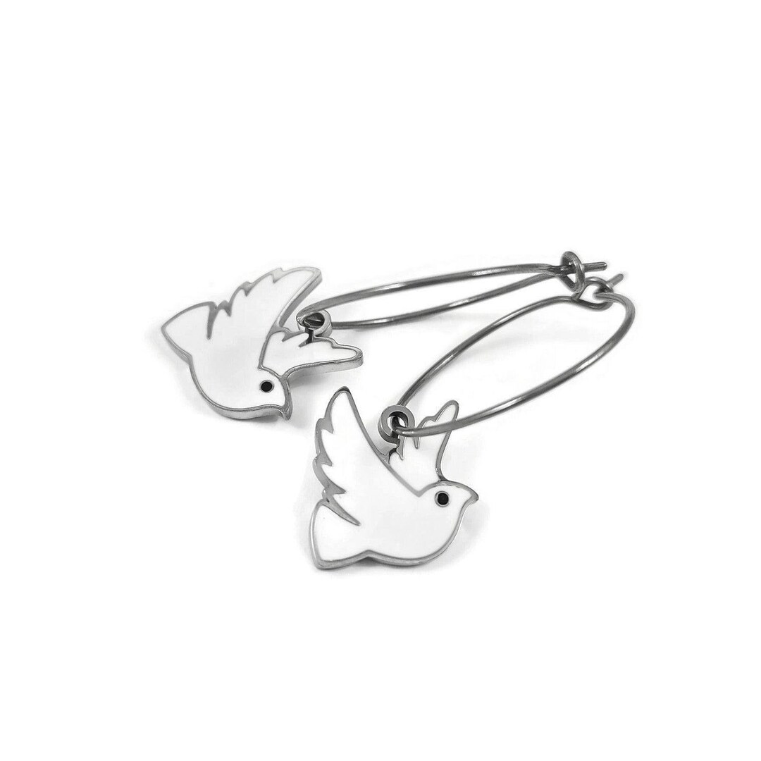 White Dove Titanium Hoop Earrings, Hypoallergenic Peace Bird Jewelry - Etsy