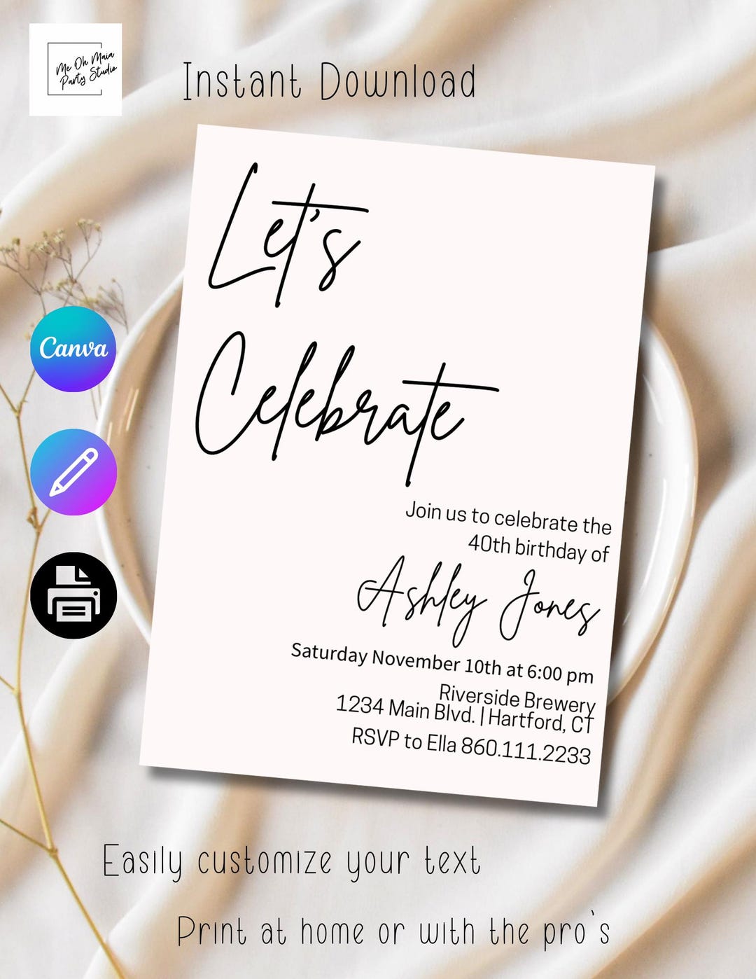 Minimalist Birthday Invitation, Let's Celebrate, Editable Template ...