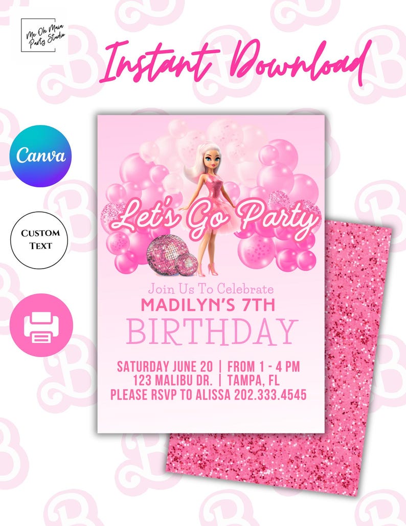 Pink Barbie Inspired Birthday Invitation customizable Digital Download ...