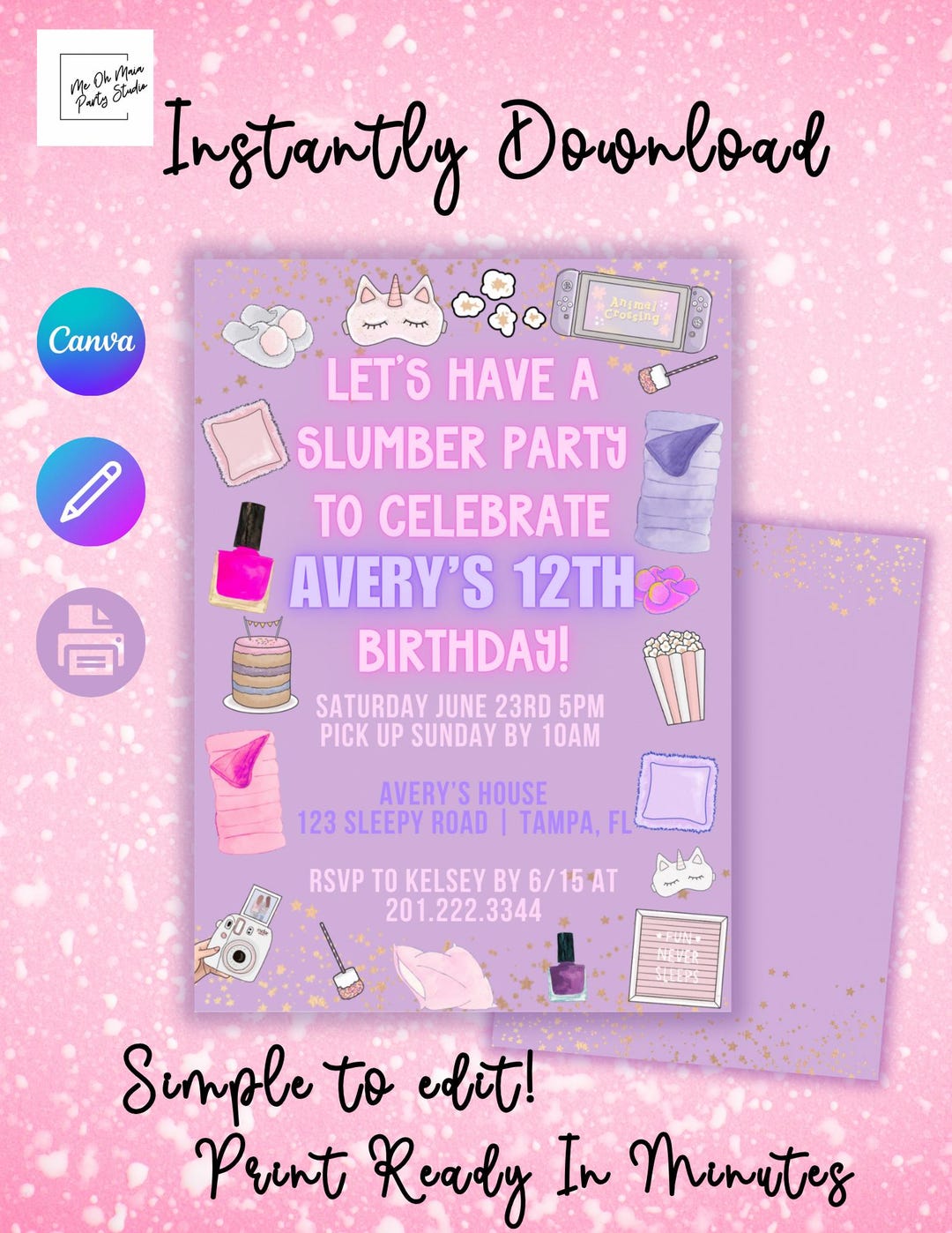 Editable Slumber Party Birthday Invitation, Girls Sleepover Birthday ...
