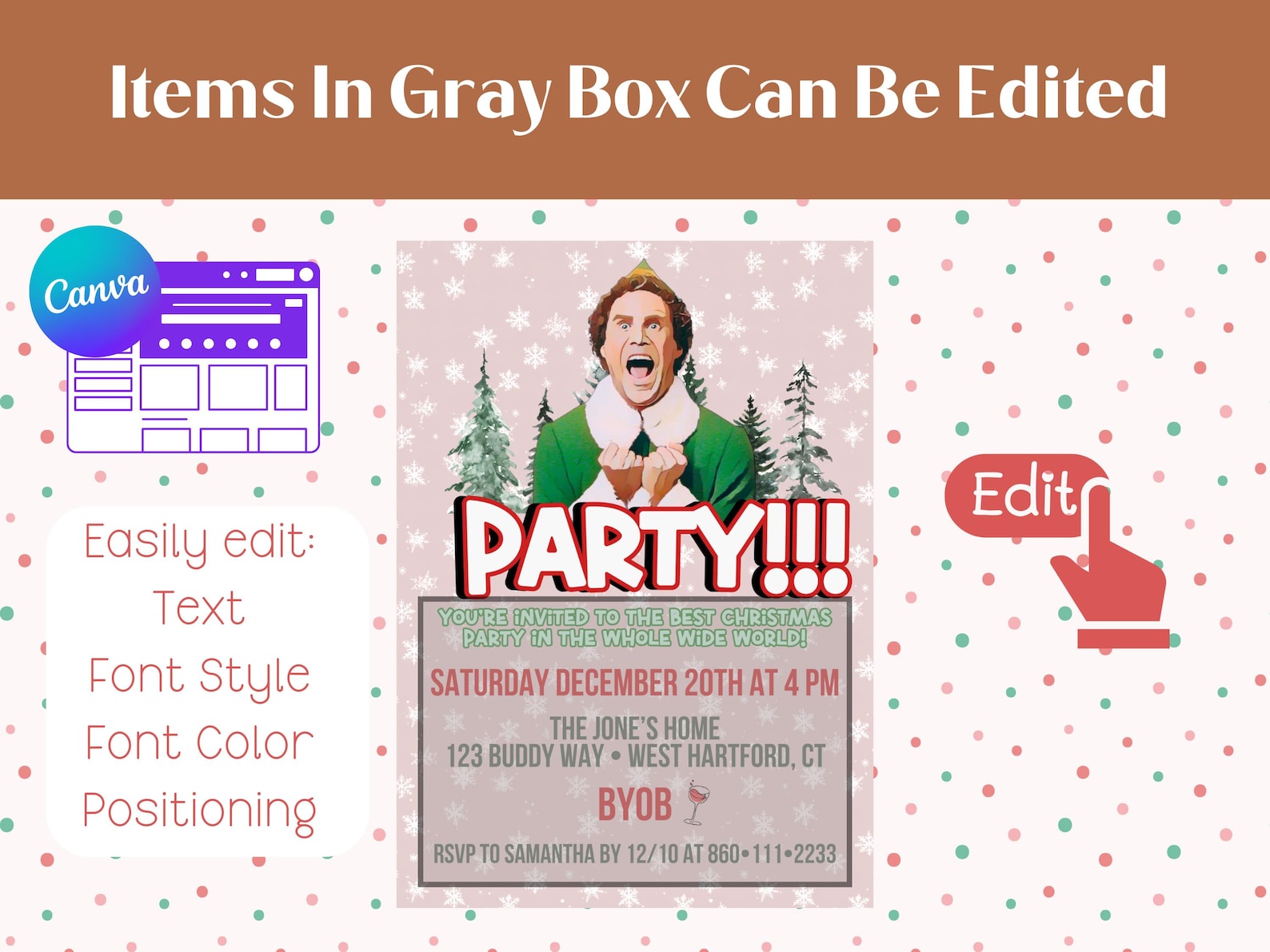 Elf Party Invitation, Buddy Inspired, Funny Holiday Invite, Editable ...