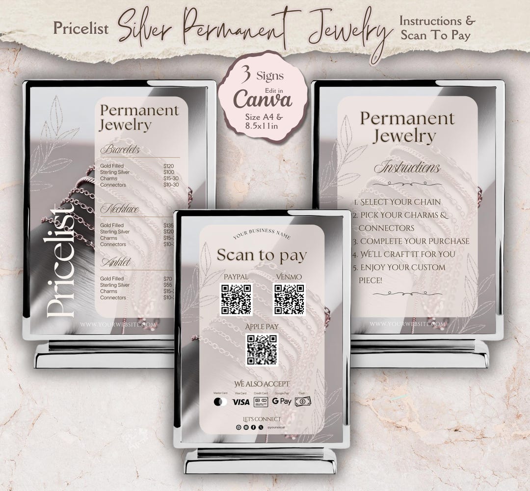 Permanent Jewelry Sign Template Bundle, Silver, Scan to Pay (canva ...