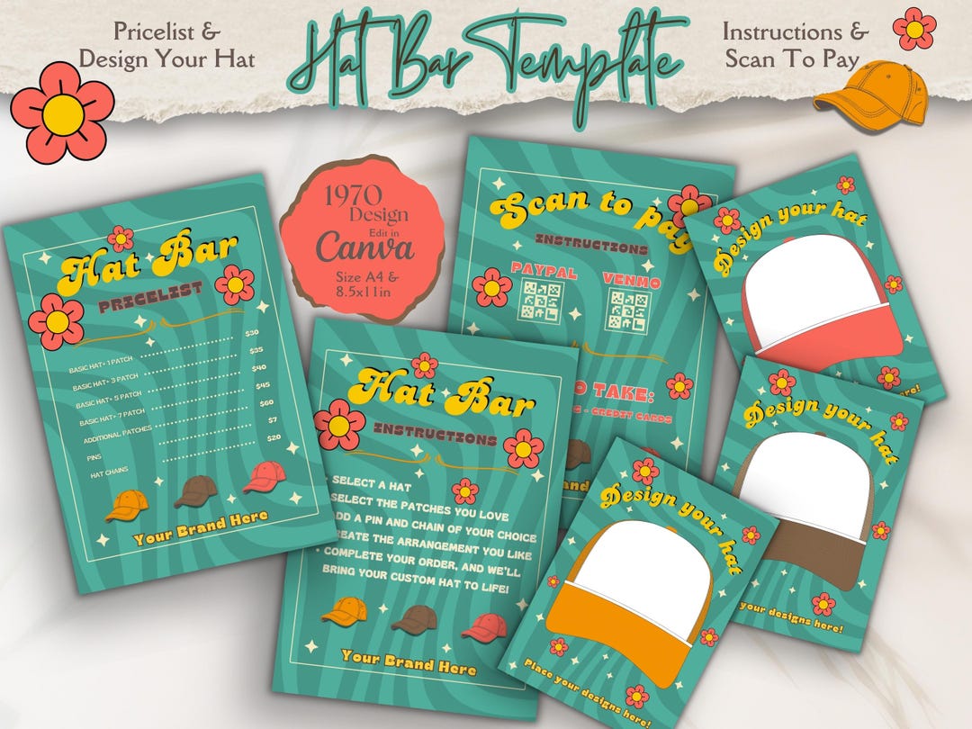 70s Retro Hat Bar Sign Template Bundle: Teal & Orange (canva Editable ...