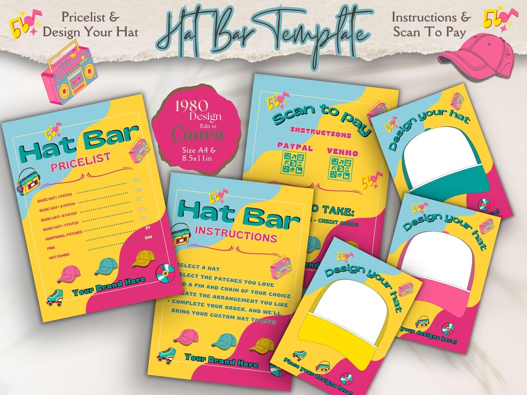 80s Retro Hat Bar Sign Template Bundle: Editable Price List, Canva ...
