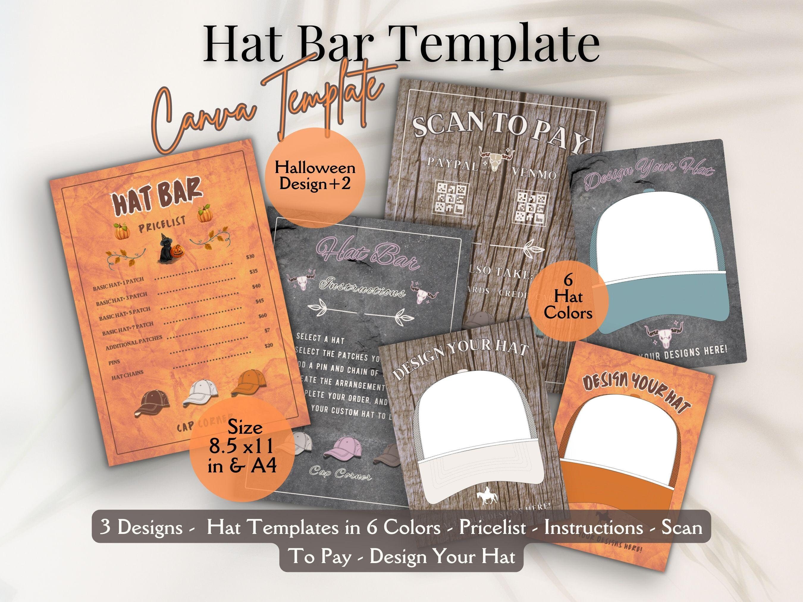 Trucker Hat Bar Canva Template Bundle Halloween Designs With Patches, Pins & Chains QR Code ...