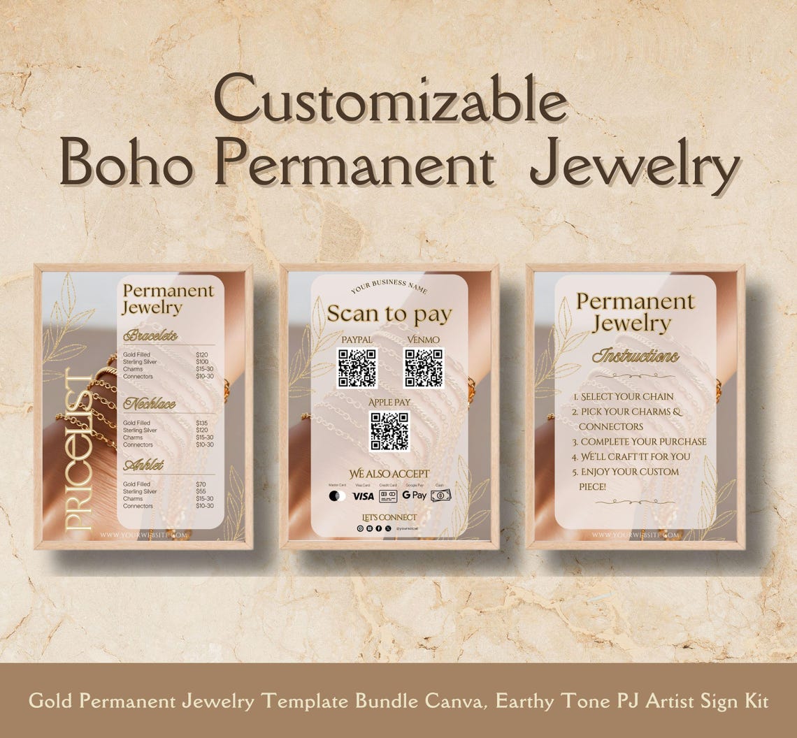 Permanent Jewelry Sign Kit: Gold Pricelist, Instructions, Scan to Pay ...