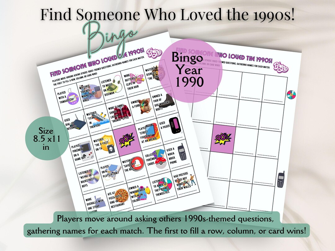 Find Someone Who Loved the 1990s Bingo | 90s Themed Party & Team ...