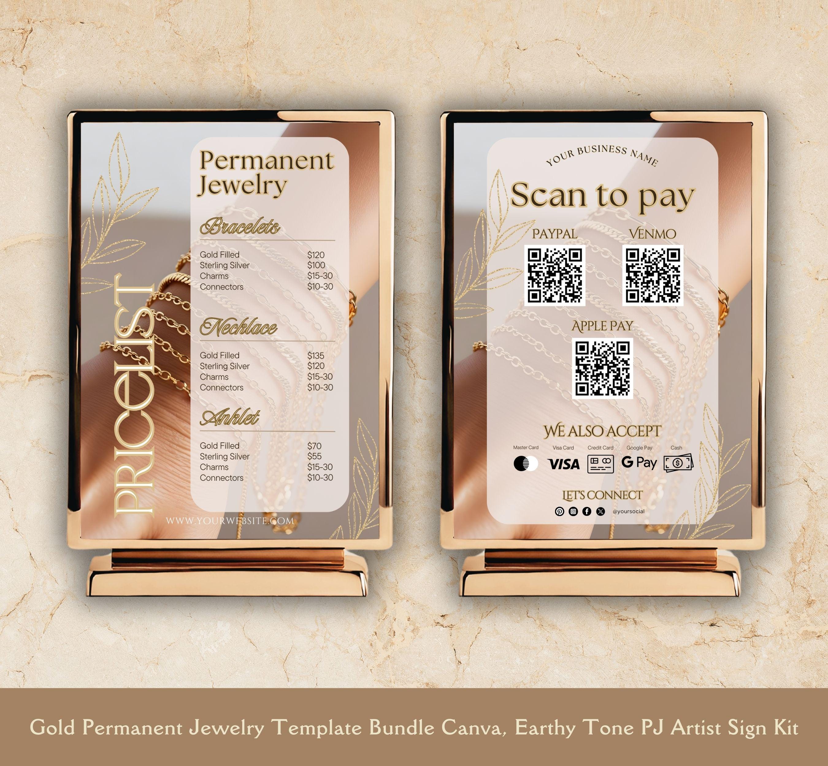 Permanent Jewelry Sign Kit: Gold Pricelist, Instructions, Scan to Pay ...