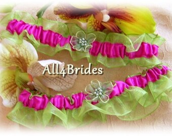 Wedding Bridal Leg Garters Fuchsia / Hot Pink and Green bridal | Etsy