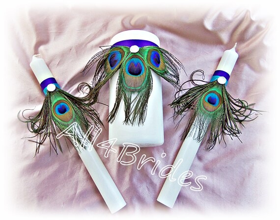 Peacock Wedding Unity Candle Set Purple and Turquoise Ceremony | Etsy