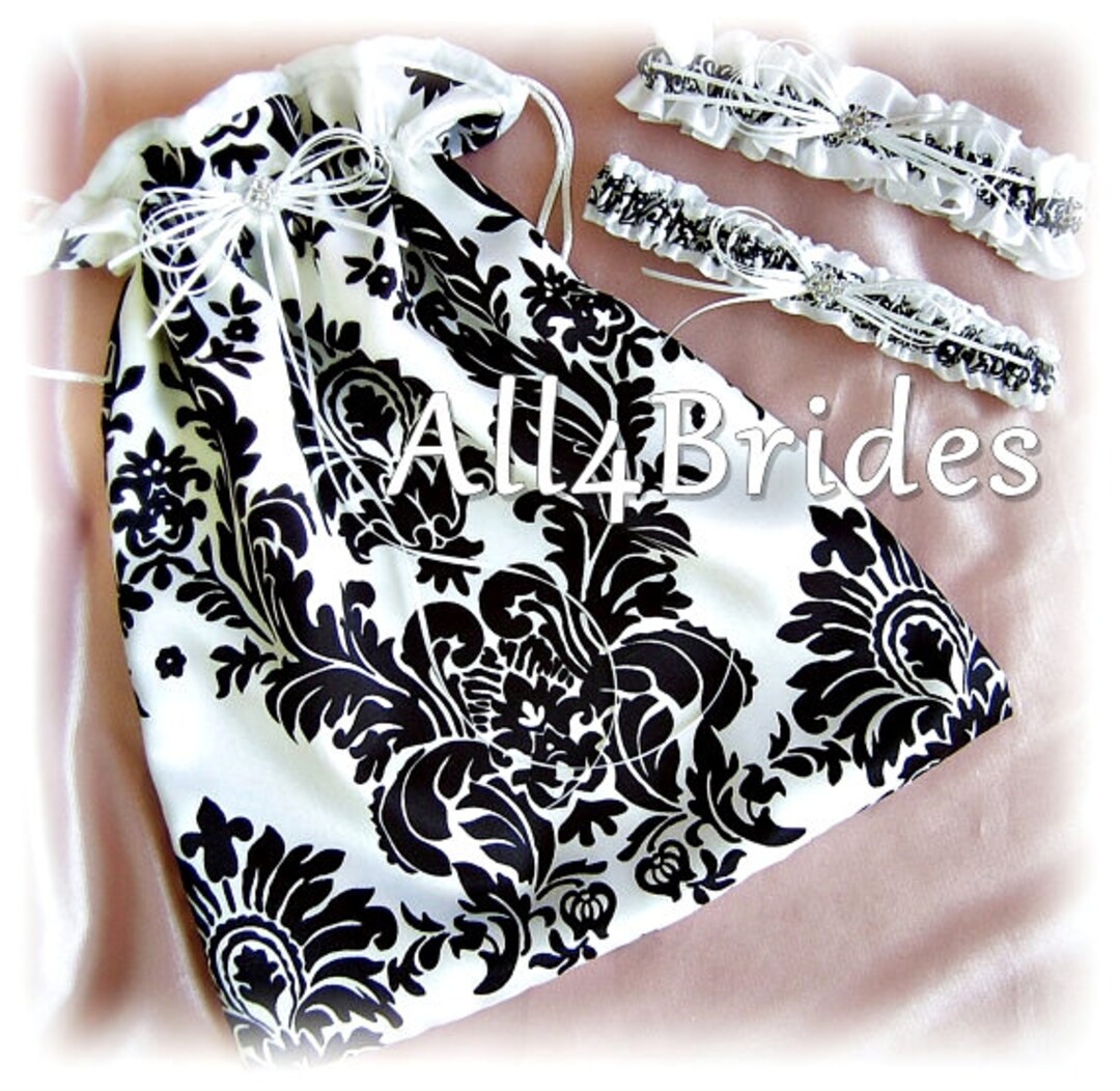 Damask Wedding Garter Set & Drawstring Bag: Black and White Bridal ...