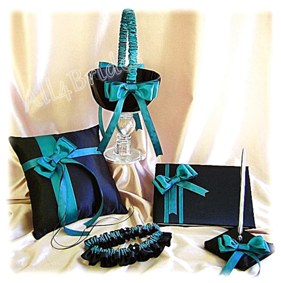 Black and Teal Wedding Accessory Set, Ring Pillow, Basket, Garters ...