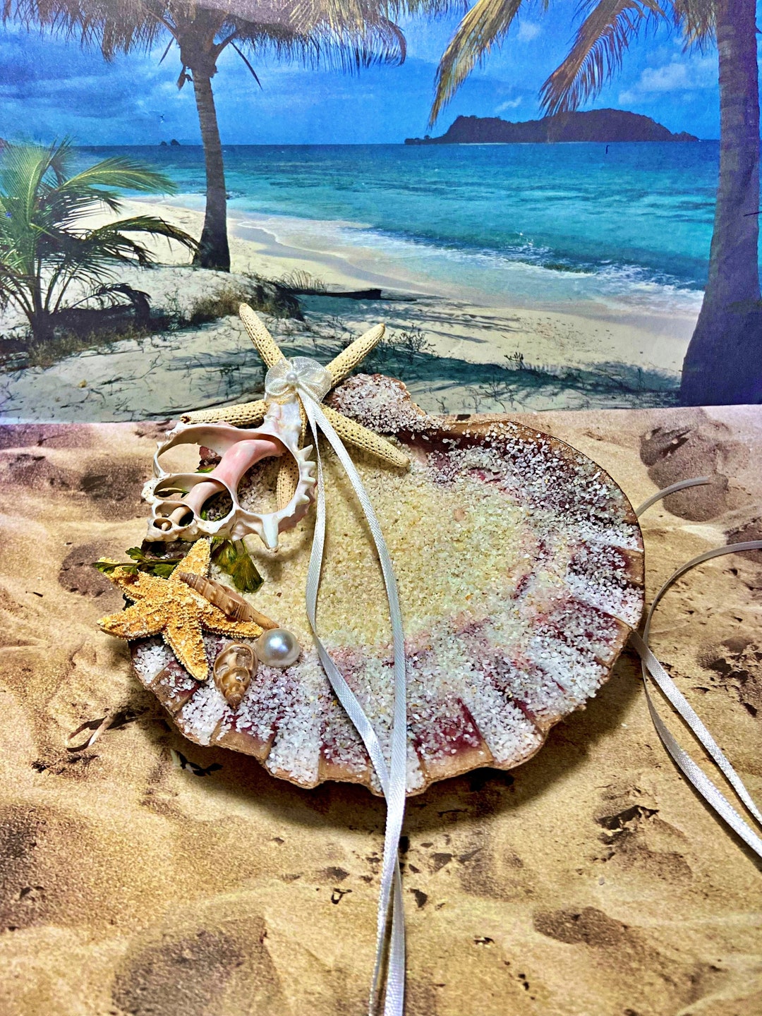 Beach Wedding Seashell Ring Holder Pillow. Lion's Paw Shell, Sand ...