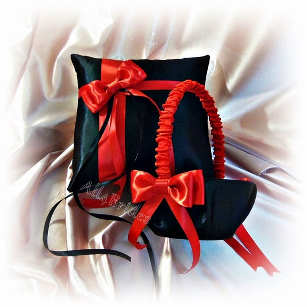 Black and Red Wedding Ring Bearer Pillow and Flower Girl Basket, Satin ...