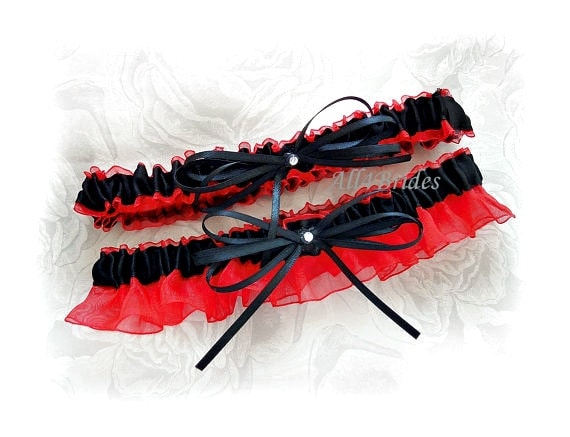 Red and black wedding bridal leg garter set. | Etsy