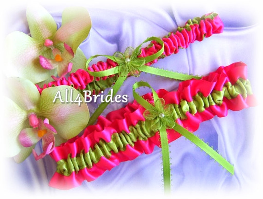 Wedding Bridal Leg Garters Fuchsia / Hot Pink and Green Bridal ...