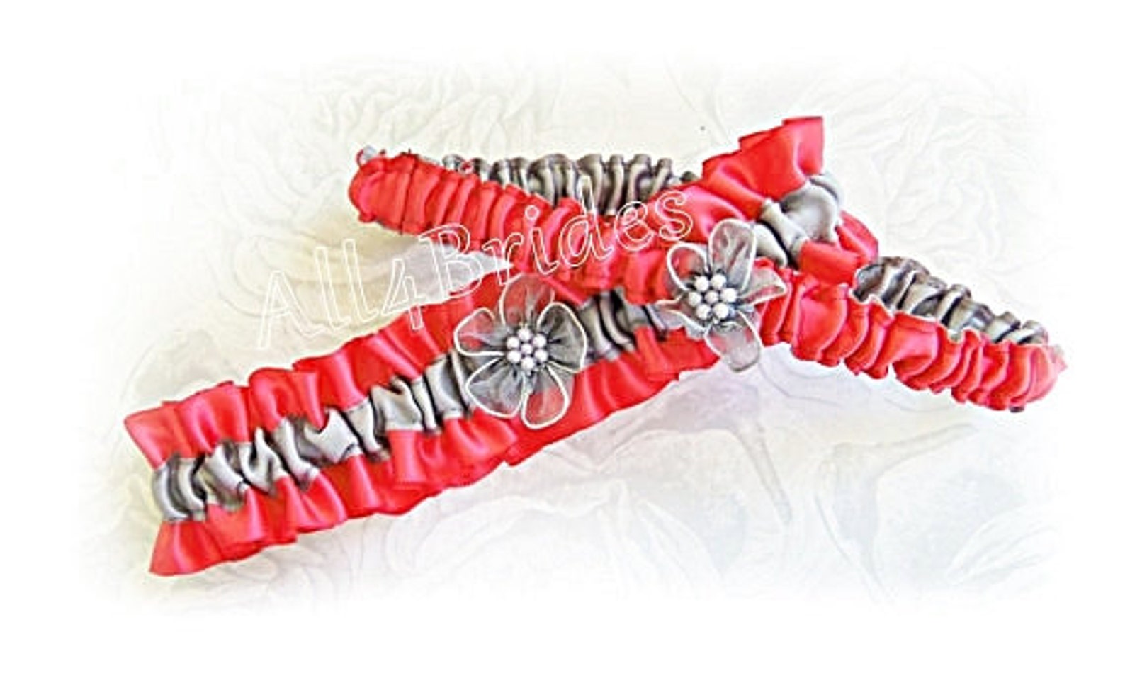 Coral and Grey Wedding Bridal Garters, Coral Reef and Silver Gray ...