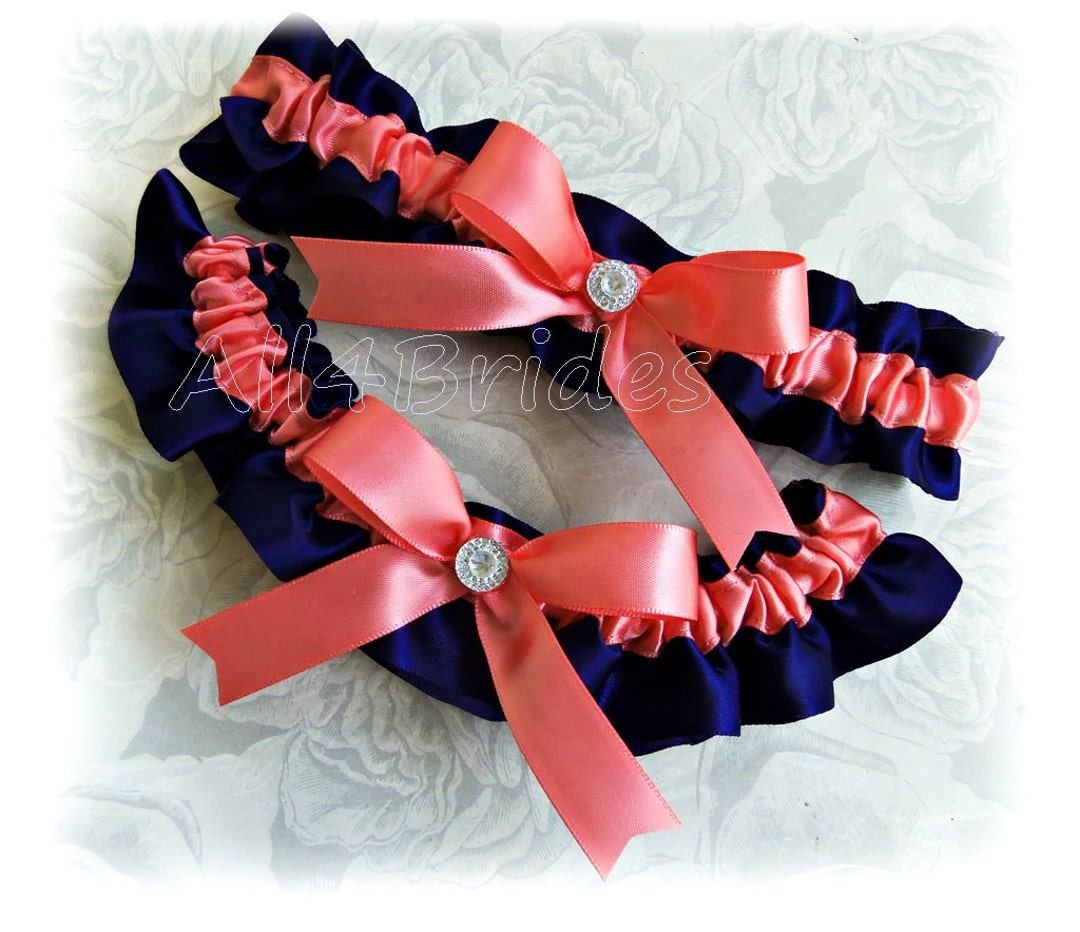 Navy Blue and Coral Wedding Bridal Leg Garter Set, Something Blue ...