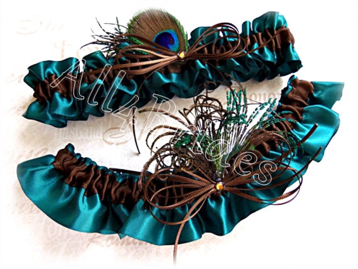 Peacock Bridal Garters Teal and Chocolate Brown Peacock - Etsy