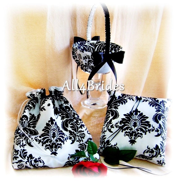 Black and White Damask Print Wedding Ring Pillow. - Etsy