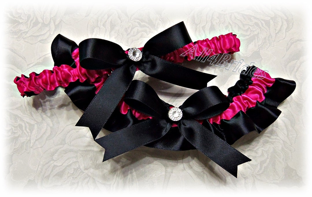 Hot Pink and Black Wedding Bridal Leg Garters, Garter Belt Set ...