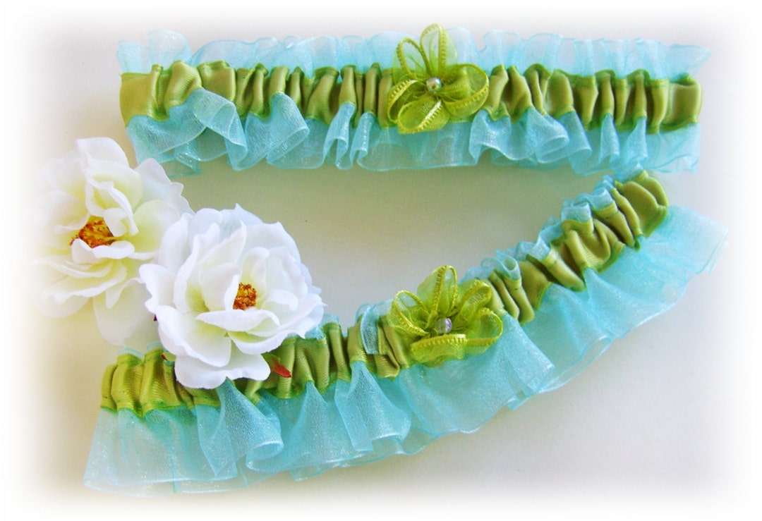 Bridal Garters, Aqua Blue and Lime Green Wedding Leg Garters, Something ...