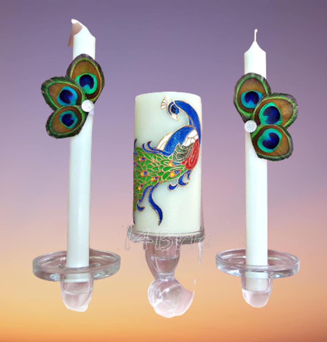Peacock Feathers Candle Set, Wedding Unity Candle and Tapers - Etsy
