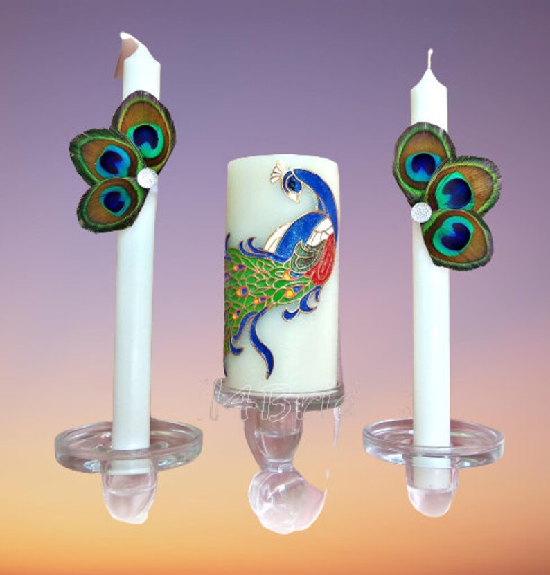 Peacock Feathers Candle Set, Wedding Unity Candle and Tapers - Etsy