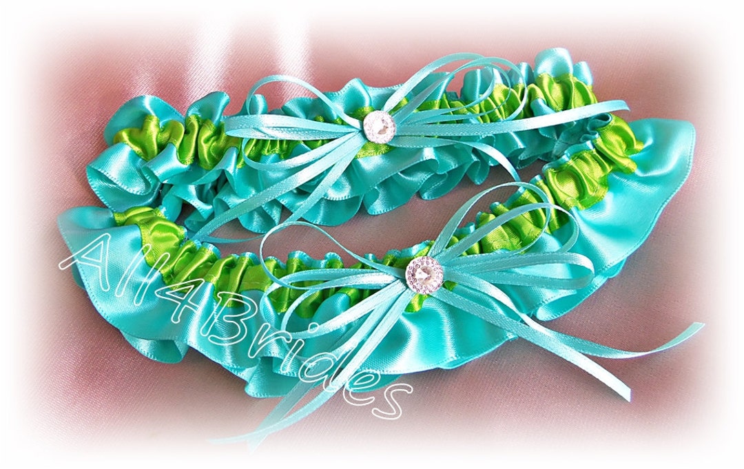 Weddings Bridal Garter Set Aqua Blue and Lime Green Wedding Leg Garters ...