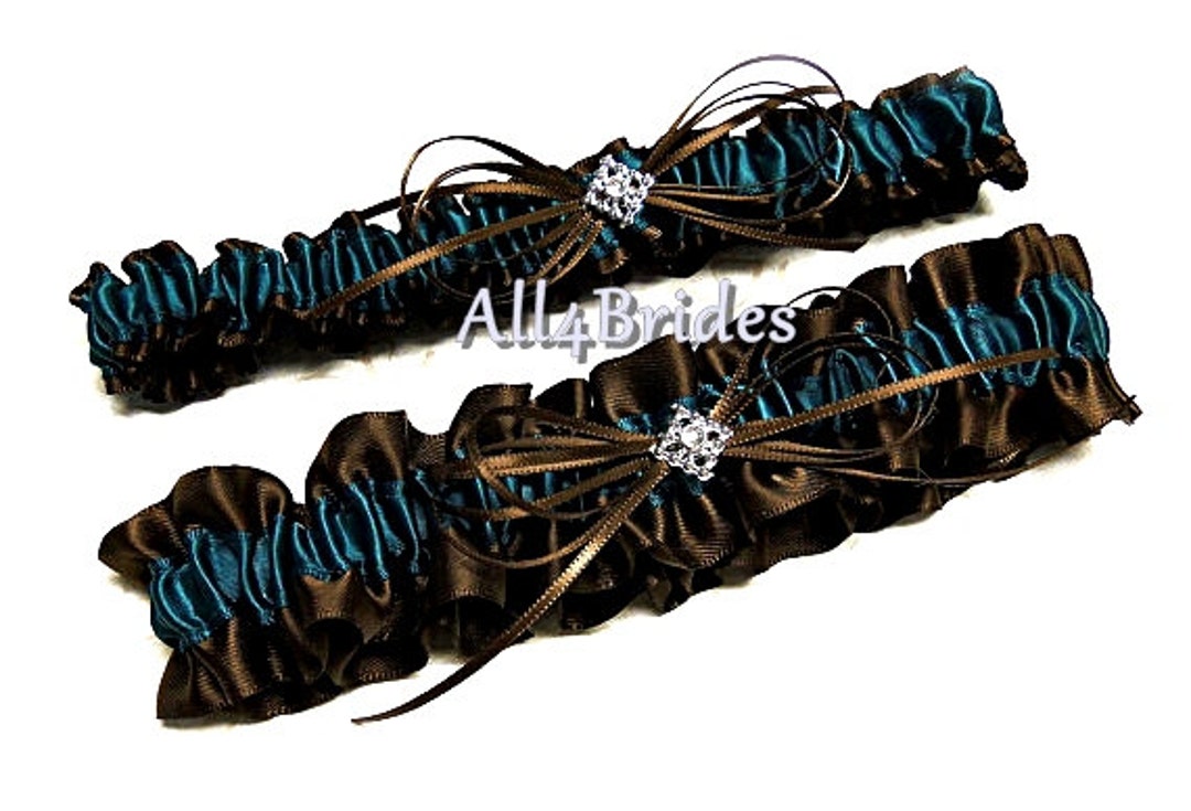 Chocolate Brown and Teal Wedding Garter Set, Keepsake & Toss - Etsy