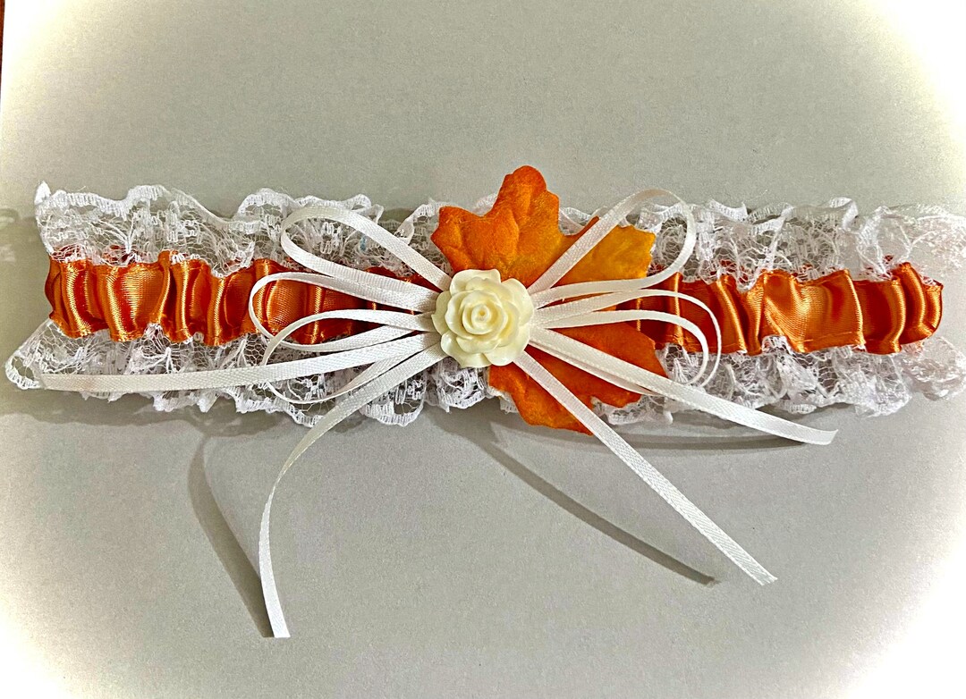 Wedding Garter, Fall Leaves Bridal Leg Garter, Burnt Orange and White ...