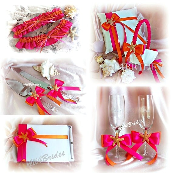 Beach Wedding Starfish Bridal Leg Garter Set, Hot Pink and Orange ...