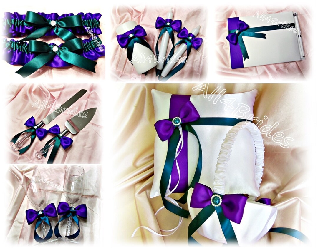 Teal and Purple Wedding Accessories Set, Ring Pillow, Basket, Guest ...