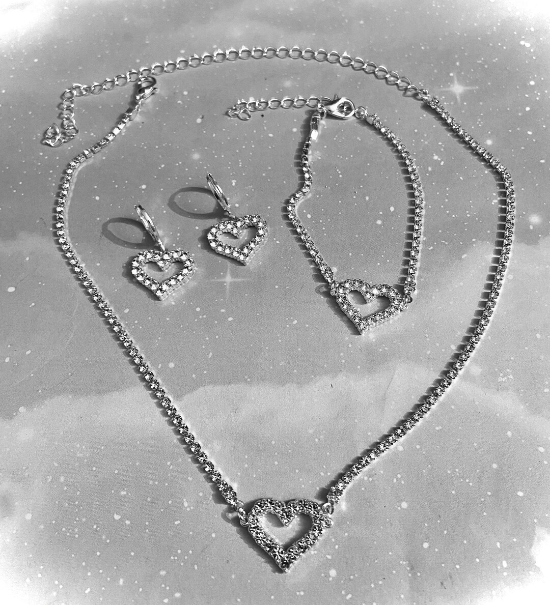 Heart Necklace, Earrings and Bracelet Set, Crystal Heart Charms Jewelry ...