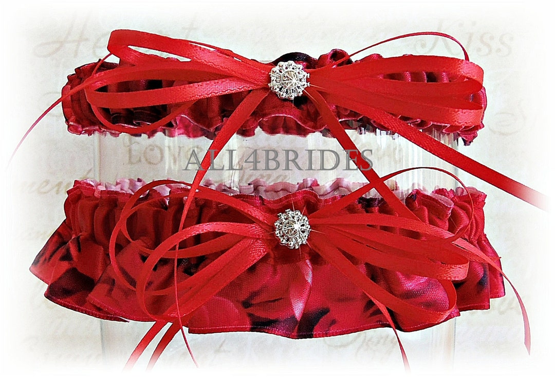 Red Rose Wedding Bridal Garter Set, Keepsake and Toss Leg Garters, Red ...
