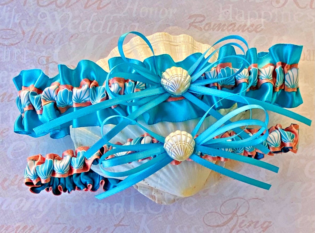 Beach Wedding Bridal Leg Garter Set, Turquoise and Coral Garters ...